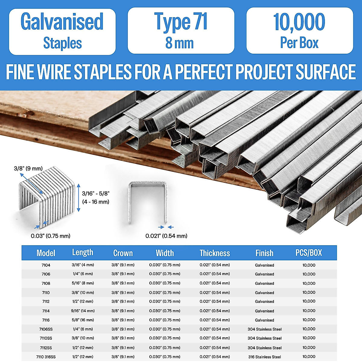 meite 22G71S516 22 Gauge 71 Series 3/8-Inch Crown 5/16-Inch Leg Length Galvanized Upholstery Staples for Fine Wire Staplers 10,020pcs/Box (1 Box)