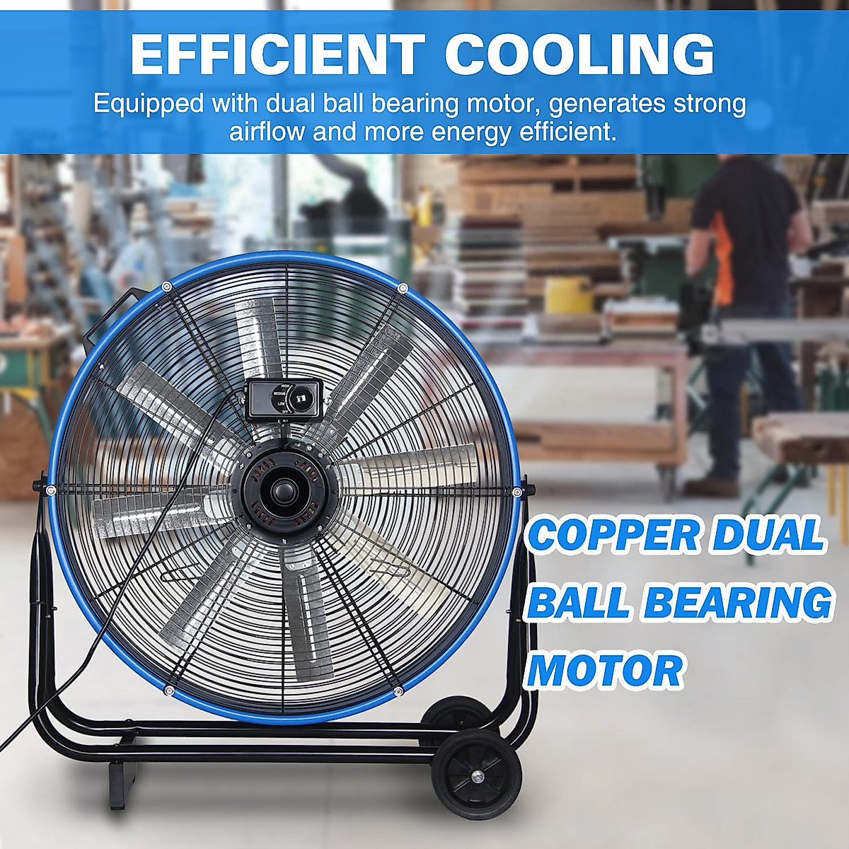 KEN BROWN 24 Inch High Velocity Floor Drum Fan Shop Fans Heavy Duty Blue, 9500 CFM 8 Blades, 3 Speeds, 360 Degree Tilt, Ideal For Industrial Fan, Commercial Fan, Shop Fan, Gym Fan, Garage Fan