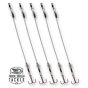 Tooth Shield Tackle Ice Fishing Tip Up Leader/Rig [90 lb] Ice Fishing Sucker Walleye Pike Musky Predator Rig (5 Pack) [Camo Wire/Silver Bead] VMC (Hook Size: 1/0)