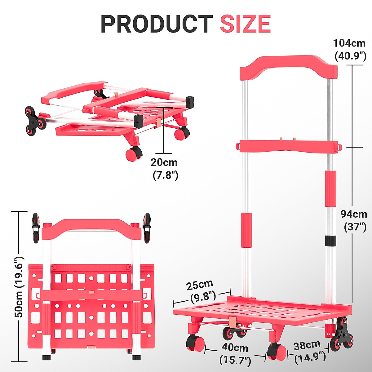 Folding Hand Truck, 200 lbs Durable Luggage cart with All-Terrain Triple Wheels, Multifunctional and Compact Dolly cart with Wheels for Shopping, Moving and Traveling, Pink
