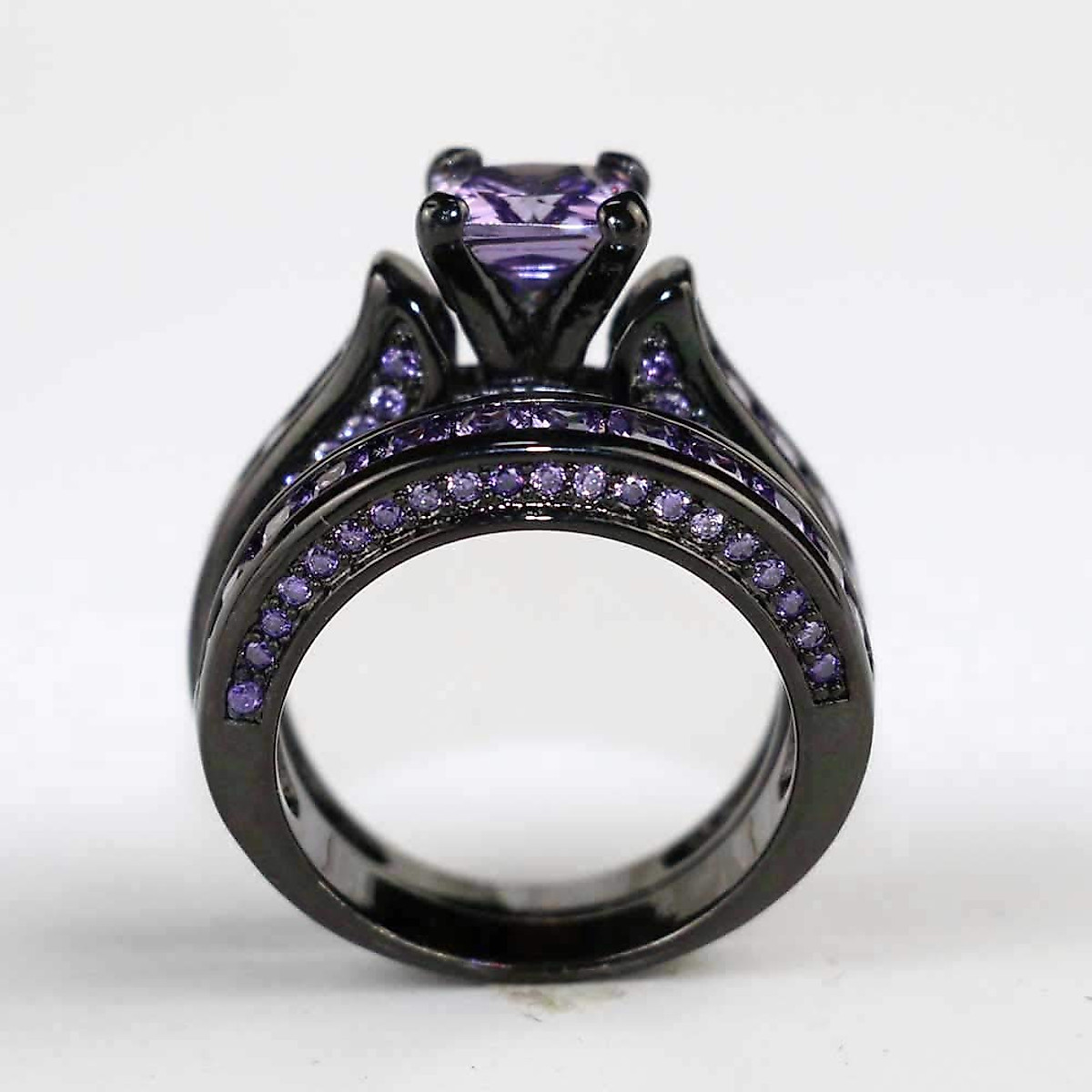 Black Gold Plated Womens Wedding Ring Sets Bridal Sets Princess cut Purple Cz Engagement Ring Wedding Bands