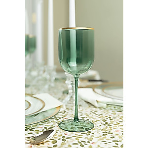 PLASTICPRO Green Wine Cup with Gold rim Plastic Wine Glasses Set of 10 Elegant Wine Goblets Hard Plastic Wine Cups on Stem 12 Ounce Christmas Cups