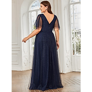 Ever-Pretty Plus Women's A Line illsuion Tulle Floor-Length Plus Size Dance Party Dress Navy US24