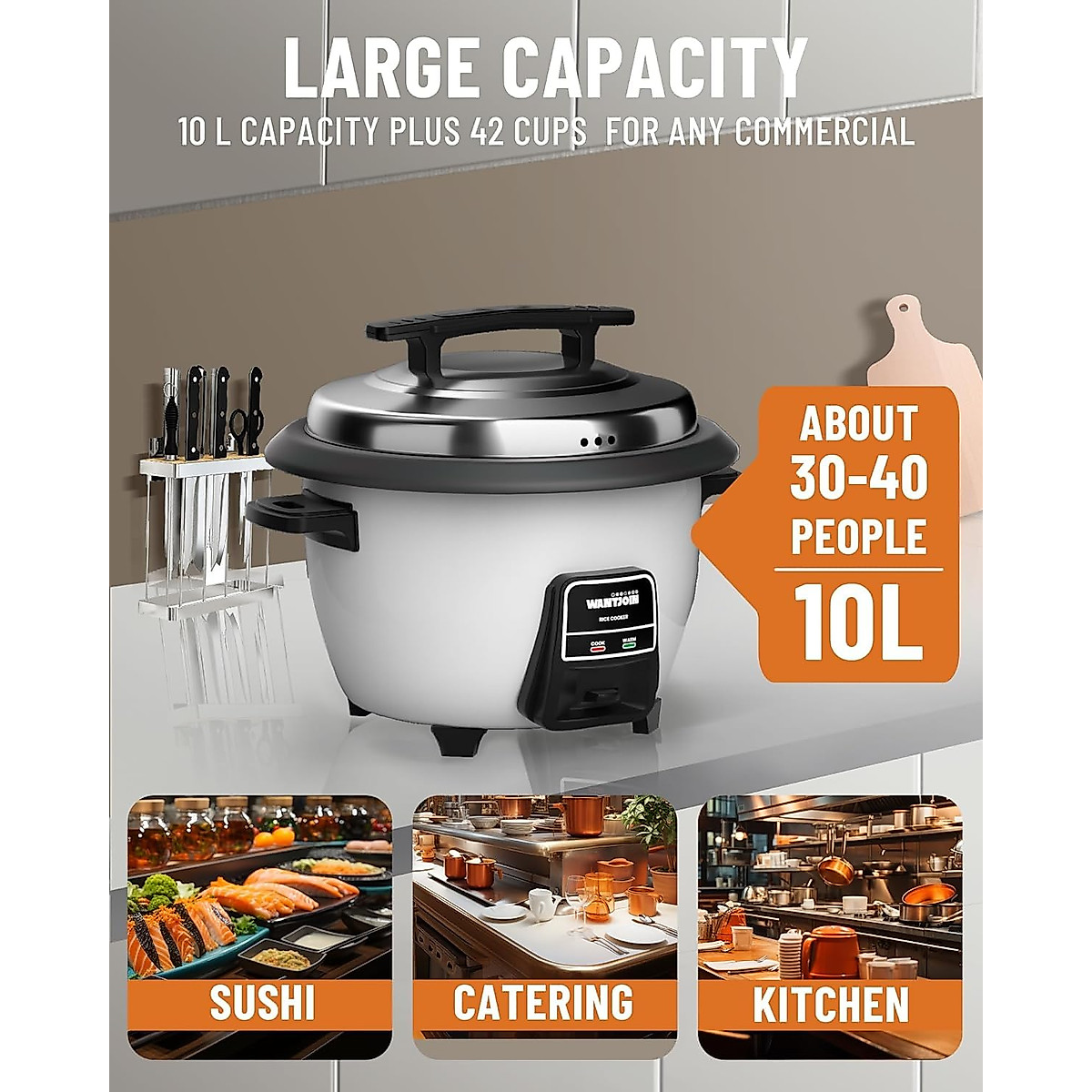 Wantjoin Rice cooker Stainless Rice Cooker & Warmer Commercial Rice cooker for party and family(10L capacity for 4.2L rice,42CUPS) White
