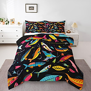 jejeloiu Kids Fish Comforter Set Ocean Fish Bedding Set Twin Size for Boys Girls Teens Bedroom Decor Fishing and Hunting Fish Hook Fishing Theme Comforter Colorful Duvet Set with 1 Pillow Case