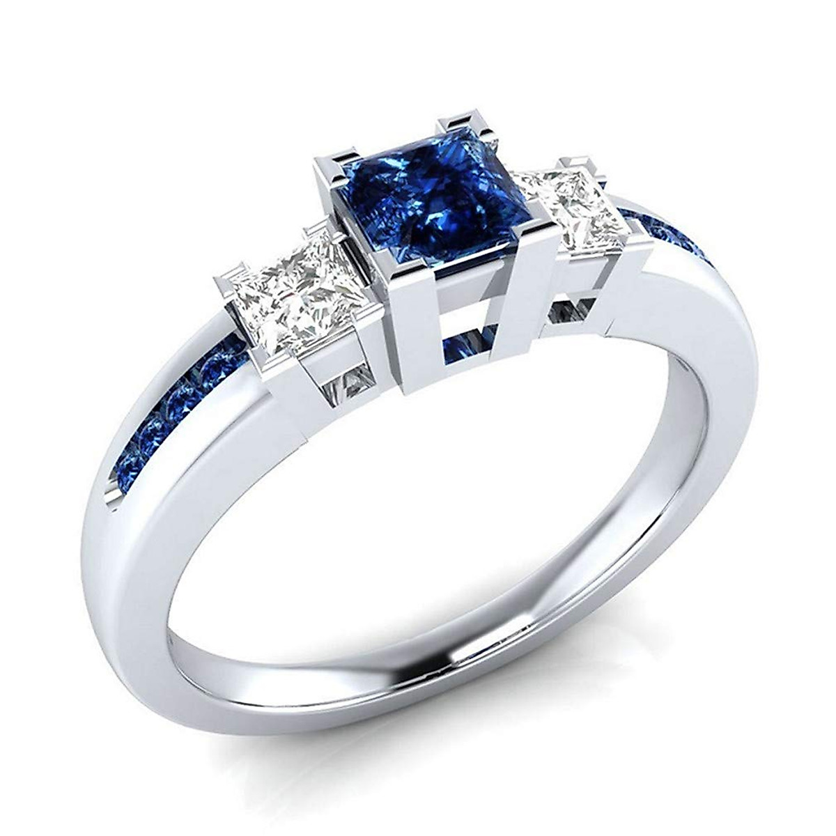 U-M PULABO 3 Stone Channel Ring Imitation Blue Topaz Band Princess Cut Engagement Ring for Women,Size6 Stylish Useful