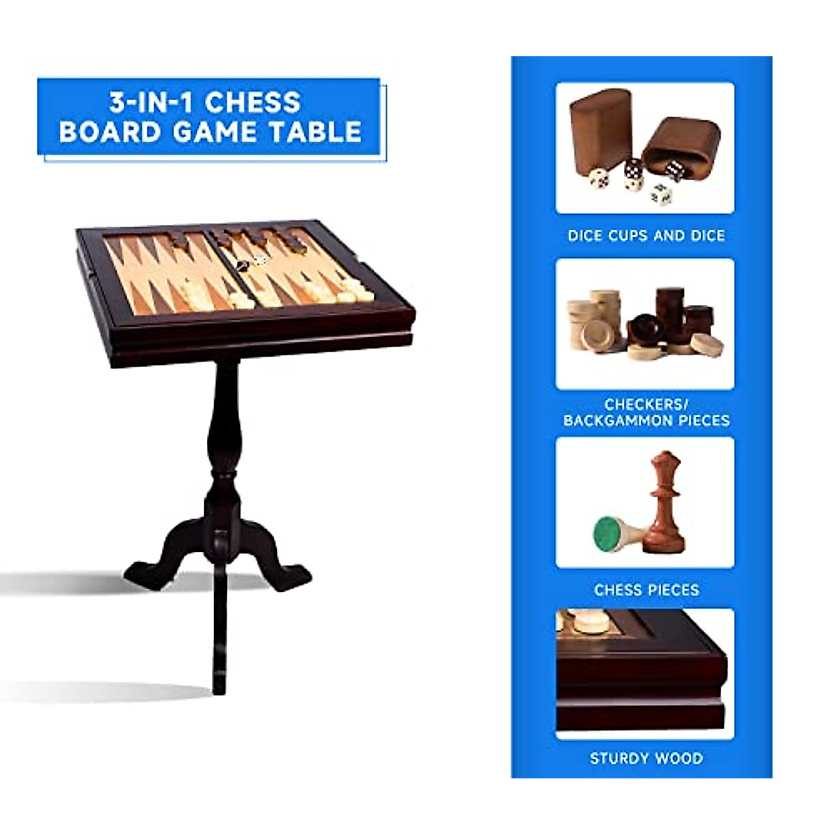 GSE Wooden 3-in-1 Chess Checkers Backgammon Table, Chess Checkers Backgammon Combo Game Set, Wood Chess Table Set for Family Board Games