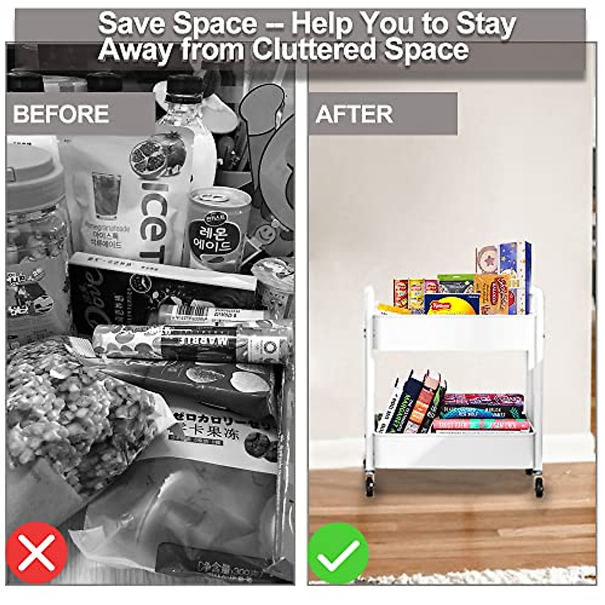 2 Tier All-Metal Rolling Cart,Rolling Storage Cart with Handle and Locking Wheels Kitchen Cart,Laundry Office Bathroom Storage Organizer Cart with Wheels, White