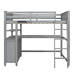 Full Size Loft Bed with Desk and Storage Drawers, Wood Loft Bed Frame with Shelves and Ladder for Kids Adults Boys Girls Teens, Gray