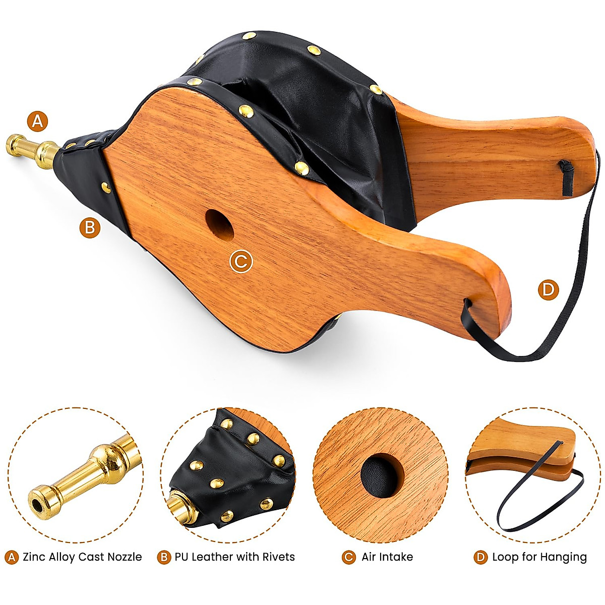 AMAGABELI GARDEN & HOME Wood Fireplace Bellows 19"x 8" Large Artificial Leather Bellow Fire Pit Air Blower With Hanging Strap Cast Nozzle Outdoor Cooking Fan Camping BBQ Grill Chimney Barbecue Tools