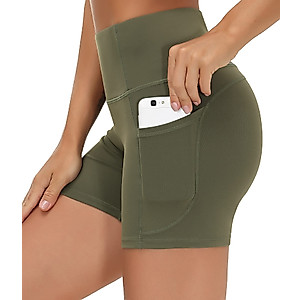 THE GYM PEOPLE High Waist Yoga Shorts for Women's Tummy Control Fitness Athletic Workout Running Shorts with Deep Pockets (Small, Olive Green)