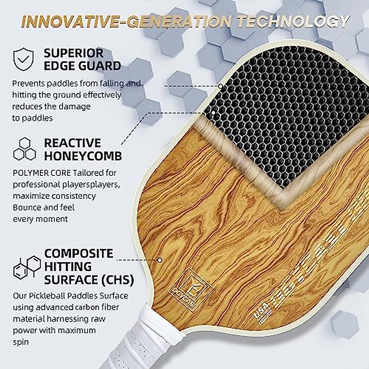 13 mm Pickleball Paddles Set of 2, 2023 USAPA Approved, Carbon Fiber Surface (CHS), Polypropylene Honeycomb Core, Anti-Slip Sweat-Absorbing Grip, 4 Pickleball, Portable Carry Bag (Wood Grain)