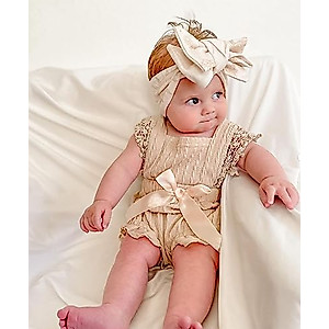 Douhoow Infant Baby Girl Plaid Romper Baby Short Sleeve Pleated Romper Bodysuit Summer Spring Outfits (Beige, 12-18 Months)