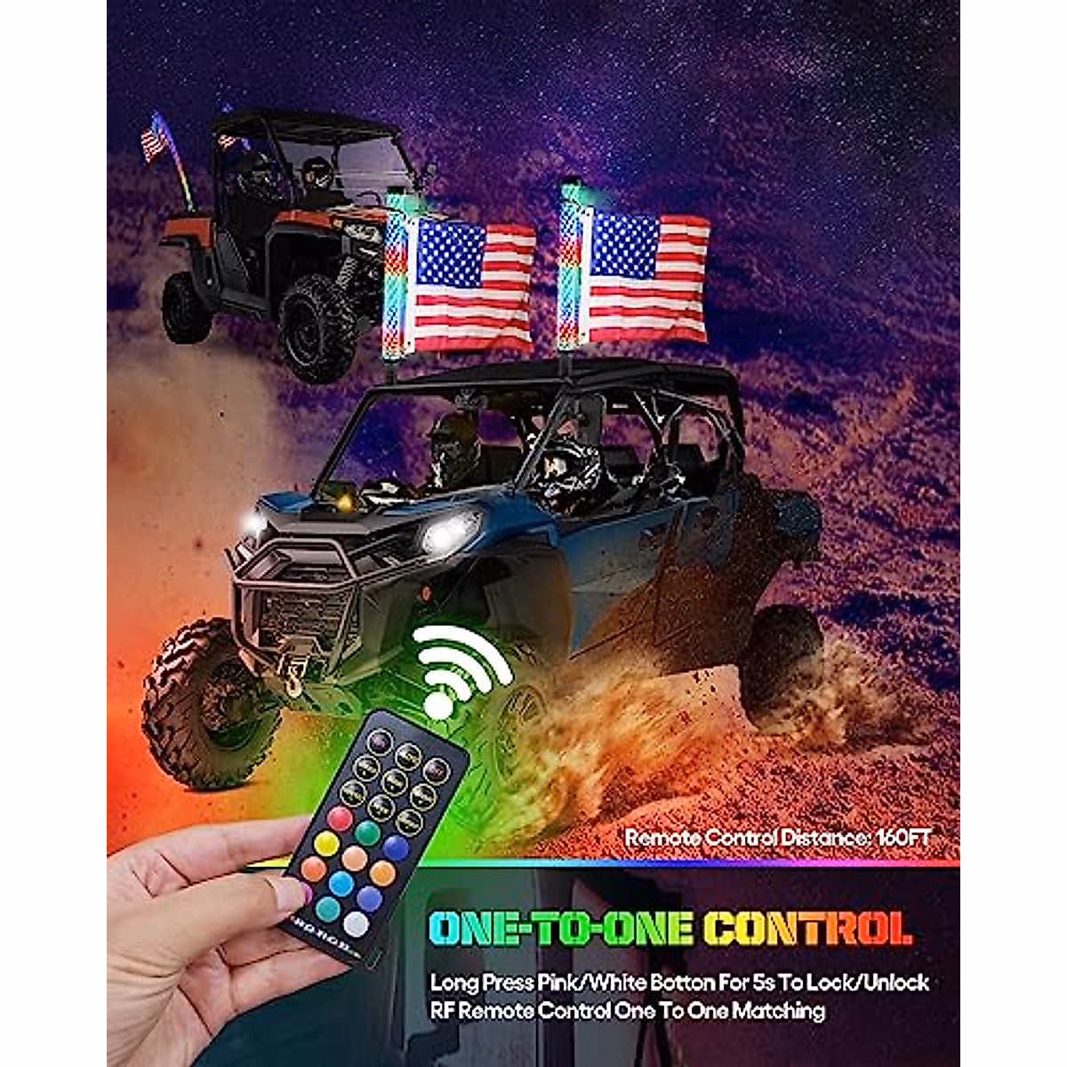 CO LIGHT Fat Spiral LED Whip Lights Thick Antenna 2FT Remote Control RGB Chasing/Dancing Light for UTV ATV 2PCS, APP-Supported 300 Colors & 200 Modes with Turn Signal, Brake Light, Reversing Light