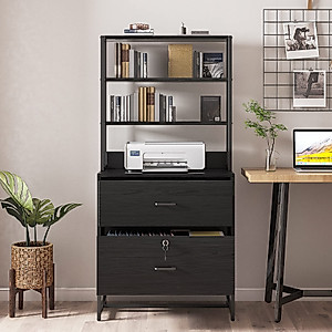 Jehiatek File Cabinets for Home Office with Lock 2 Drawer, Office Organization and Storage, Large Vertical Filing Cabinet with Bookshelf, Sturdy, Durable, Easy to Assemble and Clean (Black)