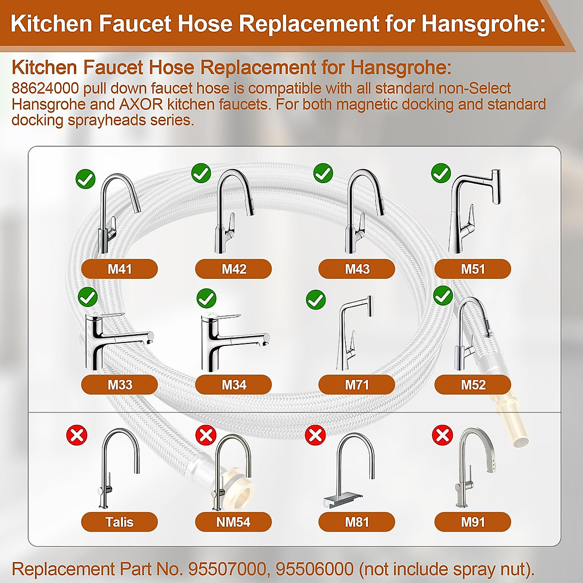 88624000 Kitchen Faucet Pull Out Hose Replacement for Hansgrohe Sink Spray Faucet, 59 Inch Pull Down Hose with Brass Connectors Replace 95507000 95506000
