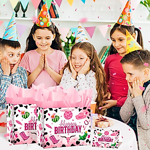 Pink Cowgirl Birthday Gift Bag, Large Western Happy Birthday Wrapping Paper Bags Decorations with Handles Greeting Card Tissue Paper Y2K Disco Wrap Bags for Party Favors Decor Girls Women Supplies