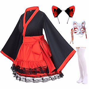Elibelle Japanese anime red and Black kimono fox cosplay costume Furry Fox Ear with socks L