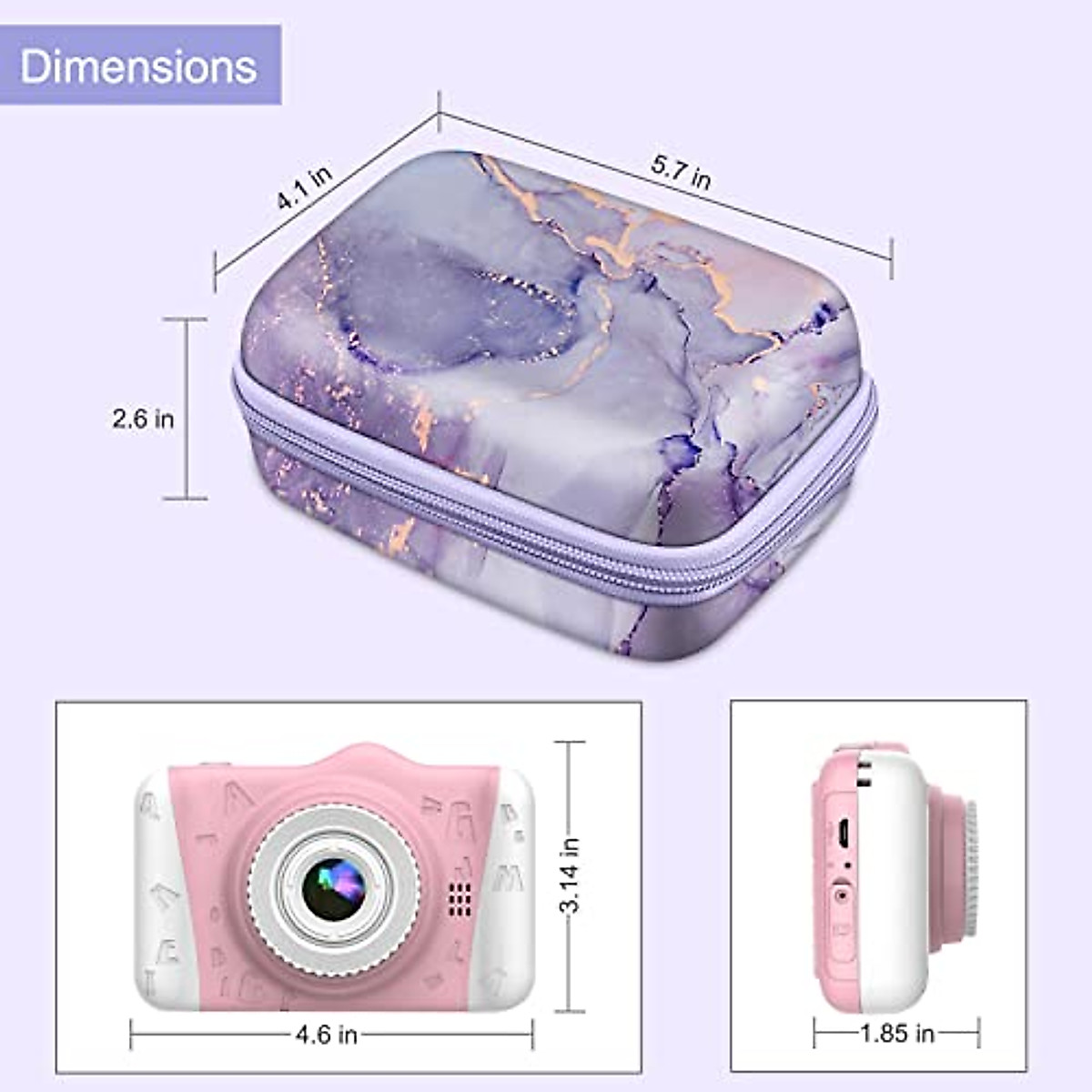 Fintie Kids Camera Case Compatible with Seckton/GKTZ/WOWGO/OMZER/Suncity/Agoigo/Ourlife/Rindol/Unicorn Toys Digital Camera & Video Camera, Hard Carrying Bag with Inner Pocket, Lilac Marble