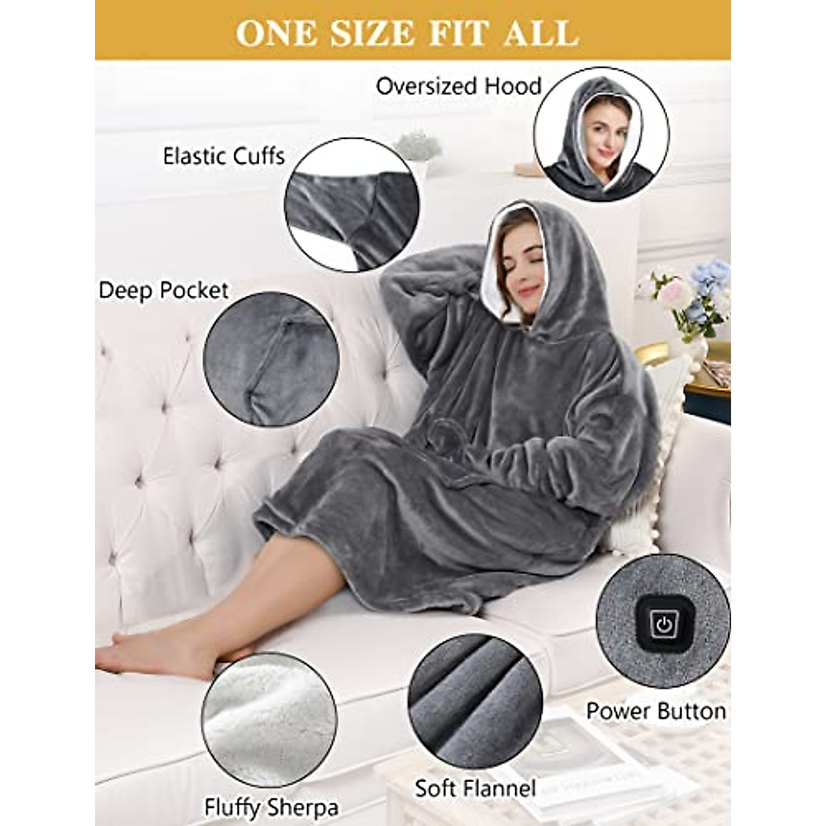 STARBEDIA Heated Wearable Blanket Hoodie - Cordless Wearable Electric Blanket Oversized Hooded Blanket with Battery Pack, Portable Heating Hoodie Blanket Sweatshirt for Adult Women Men, Gray