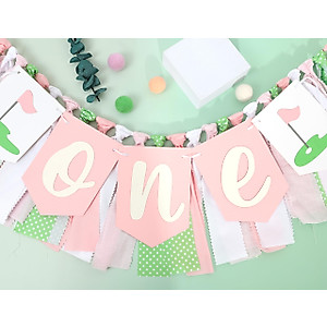Golf 1st Birthday Decorations For Girls - Hole In One High Chair Banner,Sports Themed First Birthday Photo Props,Golf Pink Green Ribbon One Banner,Baby Girl Smash Cake Backdrop Highchair Banner