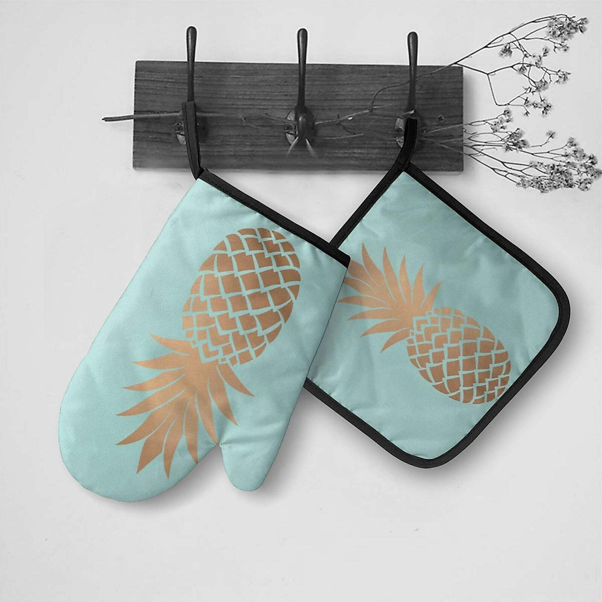 MSGUIDE Gold Pineapple Mint Green Oven Mitts and Pot Holders, 356℉ Heat Resistant Oven Gloves Soft Cotton Lining Gloves for Kitchen, Cooking, Baking, Grilling, BBQ