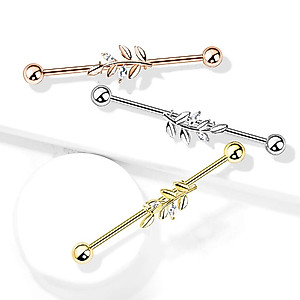 Pierced Owl CZ Crystal Leaf Stainless Steel Industrial Barbell (Silver Tone)