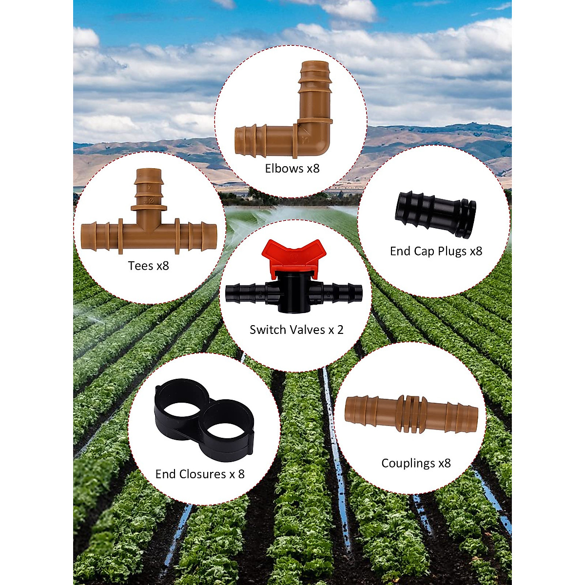 Kalolary 42Pcs Drip Irrigation Fittings Kit, 5/8 Inch Hose Barbed Connectors for Compatible Drip or Sprinkler System(2 Switch Valves, 8 Couplings, 8 Tees, 8 Elbows, 8 End Closures, 8 End Cap Plugs)