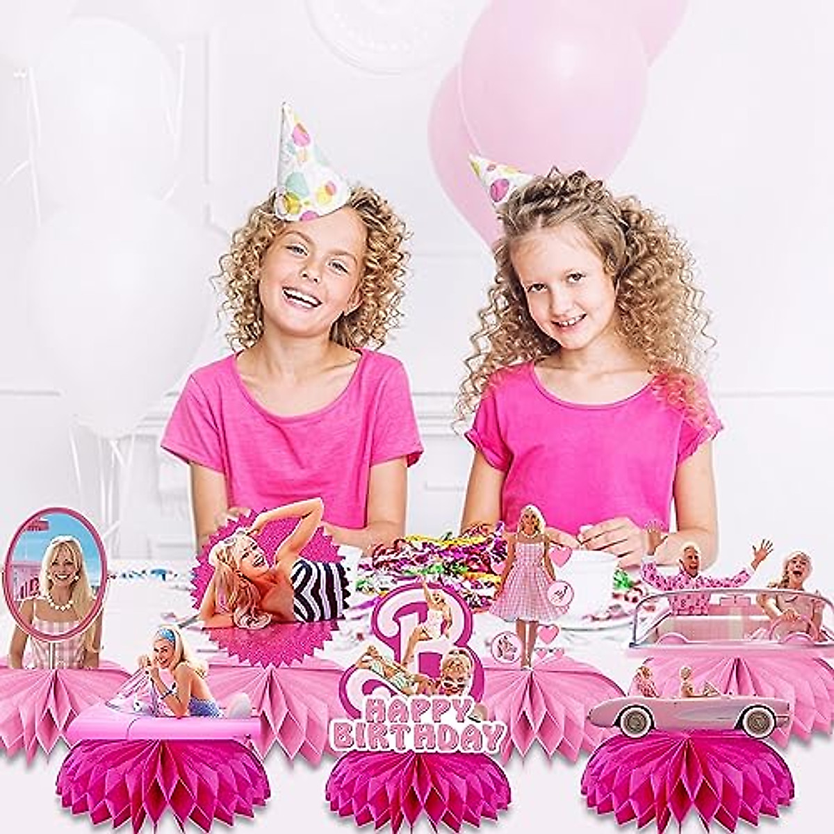 Pink Movie Birthday Party Decorations, 7Pcs Pink Girl Theme Party Centerpieces, Photo Booth Props, Cake Toppers, Party Supplies for Girls and Boys, Baby Show