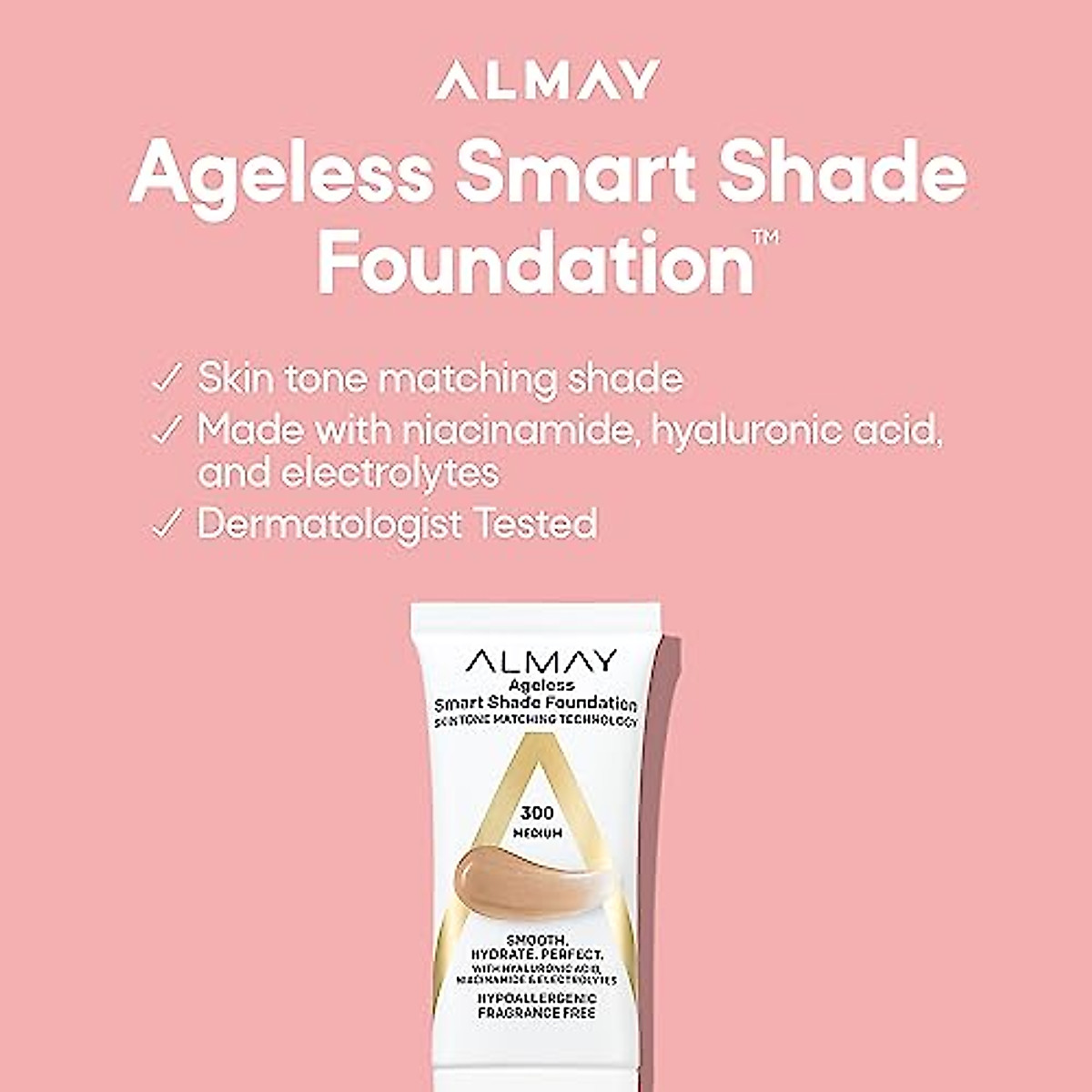 Almay Anti-Aging Foundation, Smart Shade Face Makeup with Hyaluronic Acid, Niacinamide, Vitamin C & E, Hypoallergenic-Fragrance Free, 600 Tan, 1 Fl Oz (Pack of 1)