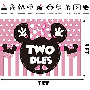 HEETON Pink Mouse Twodles Birthday Party Supplies Decorations Pink Girl Second Fabric Banner Backdrop for Baby Two Years Old 2nd Birthday Photo Props Background -7 x 5ft