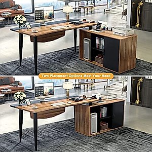 Unikito L Shaped Desk with File Cabinet & Power Outlet, 55 Inch Large Corner Computer Desks with LED Strip, L-Shaped Computer Desk with Door and Storage Shelves for Home Office, Rustic Walnut