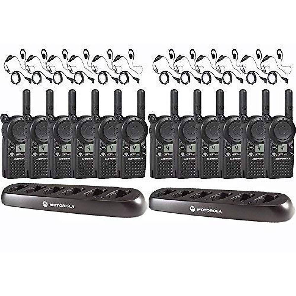12 MOTOROLA SOLUTIONS CLS1410 Two Way Radio Walkie Talkies + 2 Multi Chargers + 12 Earpieces
