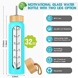SipZest 32 oz Glass Water Bottles with Straw - Motivational Glass Water Bottle with Time Marker & Silicone Sleeve - Reusable Glass Tumbler Includes 2 Bamboo Lids & Fruit Infuser - 1 Pack