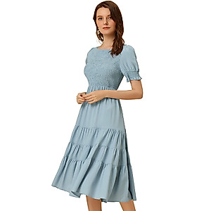 Allegra K Peasant Smocked Dress for Women's Short Sleeve Midi Summer Casual Tiered A-Line Dress Medium Blue
