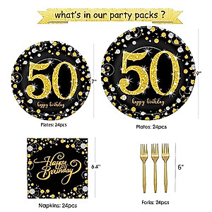 GREPARPY Happy 50th Birthday Decorations For Men - Black & Gold Fifty Birthday Party Supplies, Backdrop, Banner, Swirl, Photo Prop, Crown, Plate, Napkin, Topper, Tablecloth, Sash, Balloon