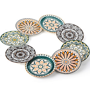 Foraineam 8 Pieces Salad Plates, 8.5 Inch Porcelain Floral Dessert Plates, Colorful Round Lunch Plate Sets for Appetizer Salad Fruit Snack, Dishwasher and Microwave Safe