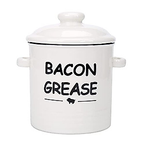 Ceramic Bacon Grease Container with Strainer - 600ml / 20oz Farmhouse Bacon Grease Keeper with Easy-Grip Handle, Bacon Fat Can for Grease Drippings and Storage - Creamy-white