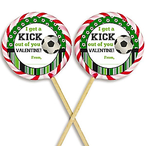 Kick Out of You Soccer-Themed Valentine Party Favor Sticker Labels, 40 2" Party Circle Stickers by AmandaCreation, Great for Classroom Valentines, Envelope Seals, Gifts & Treats