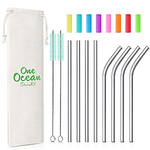 Teivio 8 Pack Short Stainless Steel Straws 6.25 inch and 6 inch Metal Reusable Straws with Silicone Tips and Case, Cleaning Brush and Carry Bag for Cocktail Glasses, Kids, Small Cups(Silver)