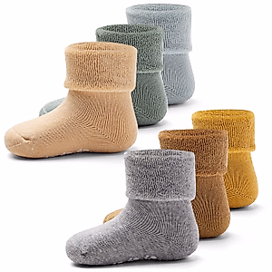 Toddler Non Slip Socks Baby Boys Winter Warm Socks with Grips for Baby Girls Thicken Terry Socks 6 Pack Age 2-4