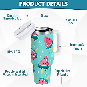 DIGTIA Stainless Steel Insulated Tumbler w/Handle & Straw, Watermelon Blue Double Wall Vacuum Travel Coffee Mug Cup w/Lid, Leak-Proof Sports Ice Cream Water Bottle,40oz