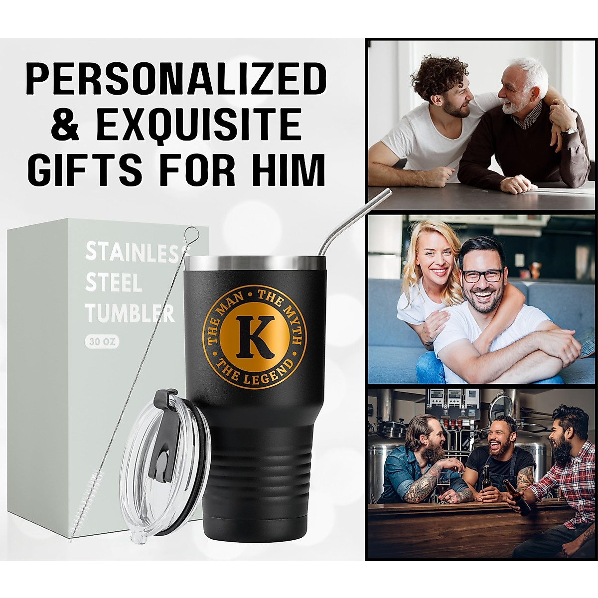 the Man the Myth the Legend Mug with Initials, Monogrammed Stainless Steel Travel Tumbler for Men, Funny Personalized Coffee Cup, Custom Beer Glass, Unique Birthday Christmas Gifts for Him, 30 oz, E