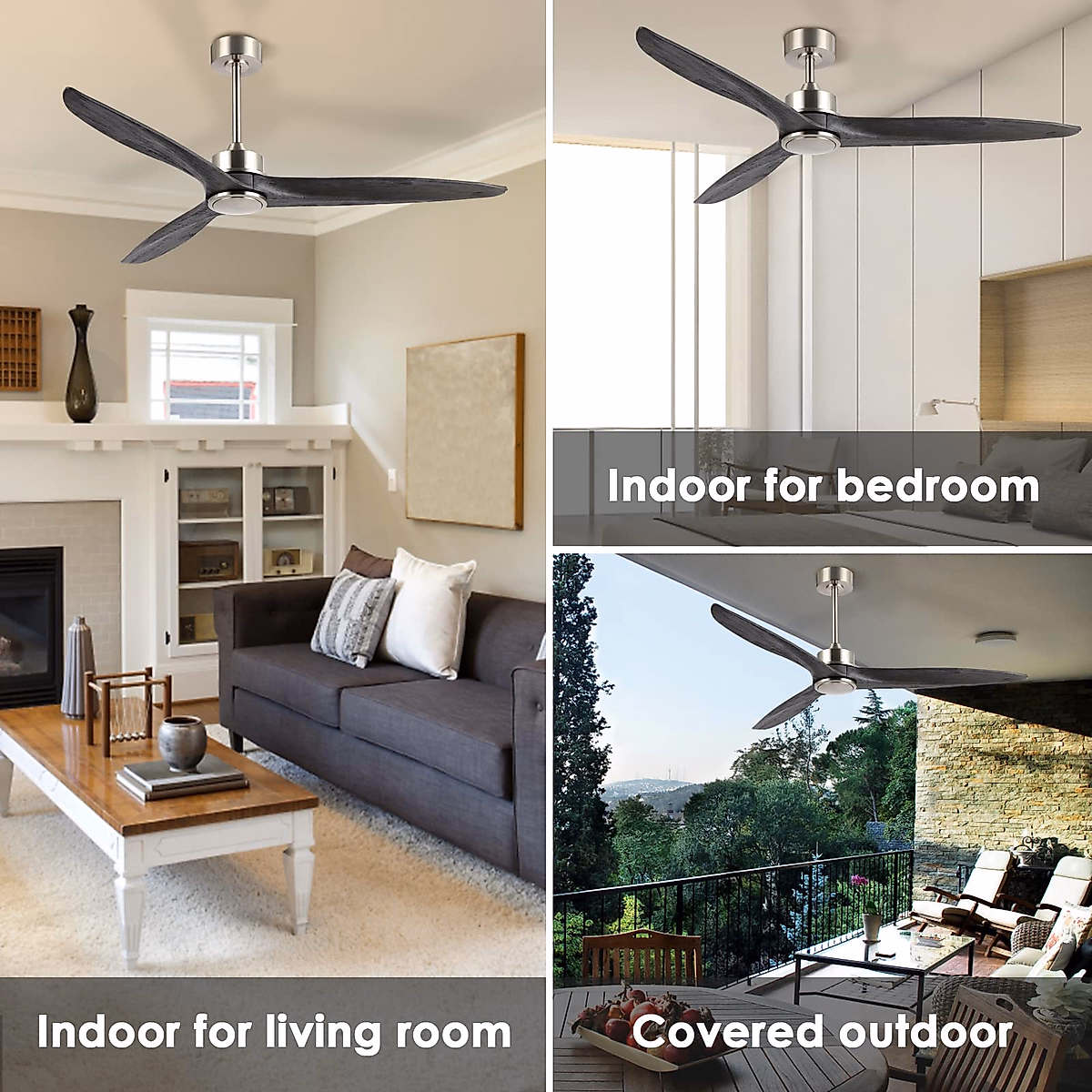 WINGBO 60 Inch DC Ceiling Fan without Lights, 3 Reversible Carved Solid Wood Blades, 6-Speed Noiseless DC Motor, Ceiling Fan No Light with Remote, Brushed Nickel Finish with Gray Blades