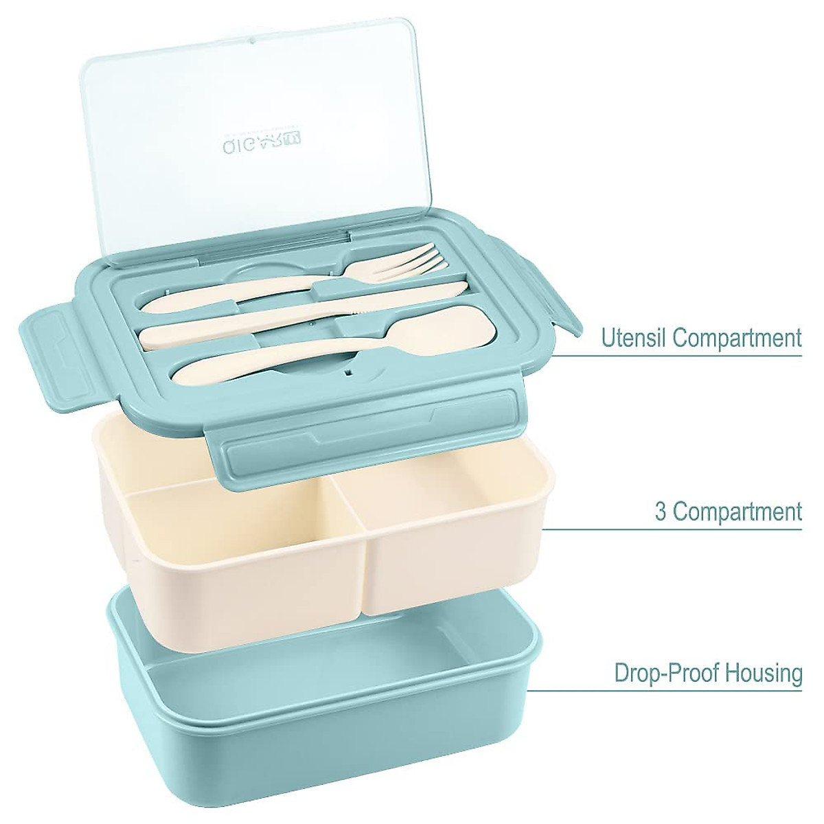 NatraProw Bento Box for Adult, 1400 ML Lunch Containers for Adults, LeakProof Lunch Box with Utensils, BPA Free, 3 Compartment Bento Box Microwave Safe, Light Blue