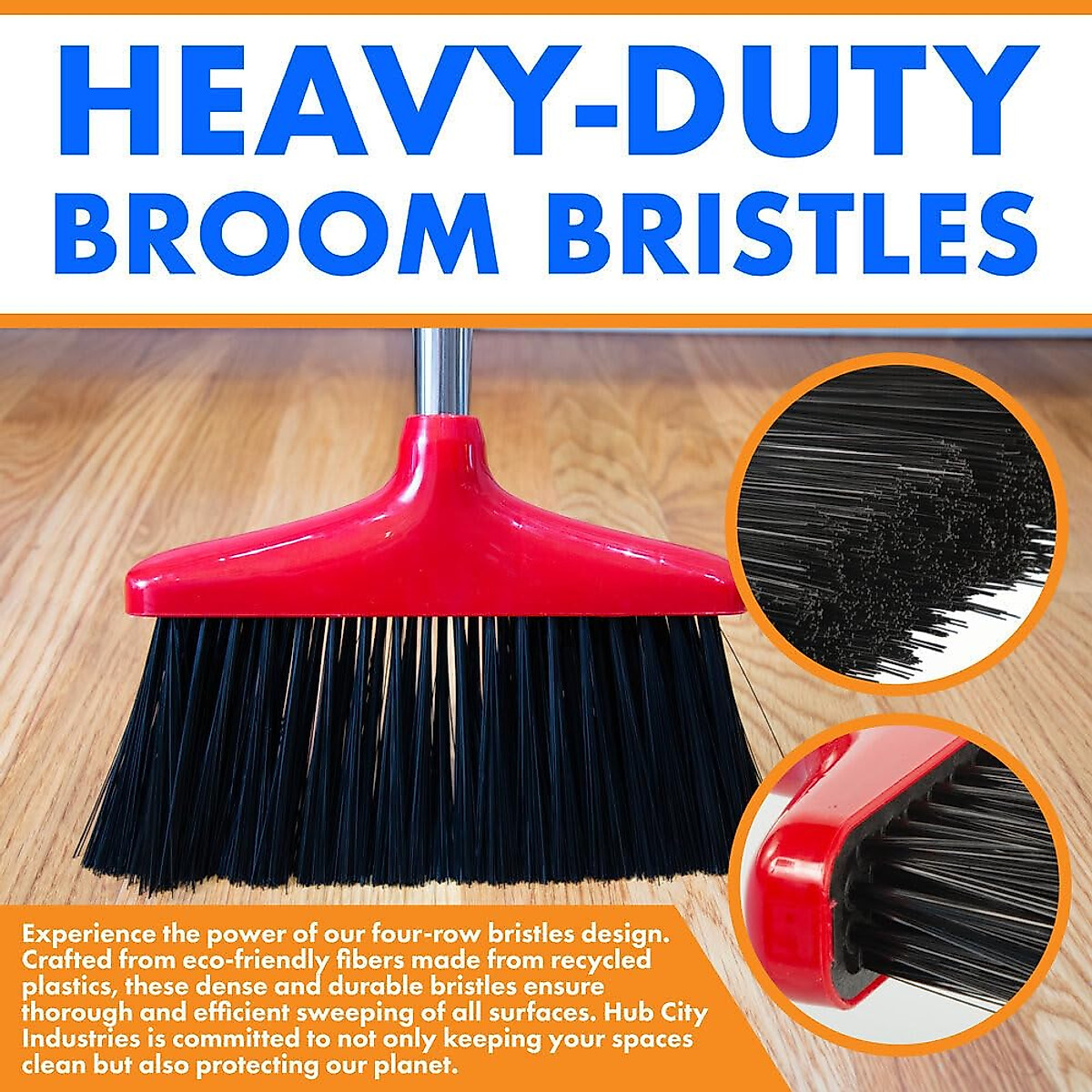 Hub City Industry Heavy Duty Broom and Dustpan Combo Set with Commercial Long Handle for Lobby, Home, Office, Cleaning Supplies, Upright Grips Sweep Set with Broom for Floor Cleaning, Red/Black