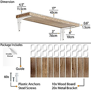 Wallniture Arras 17"x4.5" Wall Bookshelves Floating Shelves for Wall Storage,Wall Shelf for Living Room, Kitchen Organizer, Office, Burnt Finish White Bracket Set of 10