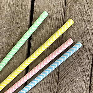 Outside the Box Papers Pastel Chevron Paper Straws - Easter Straws - 100 Pack Pink, Light Blue, Yellow, Green
