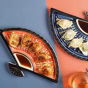 SHIRLEYY1P 12" Sushi Plate Premium Ceramic Sushi Plates Fan Shape Sushi Plate Set with Unibody Sauce Bowl Sashimi Japanese Plate, Dumpling Dish Snack Serving Plate for Home, Party, Eateries, Red.