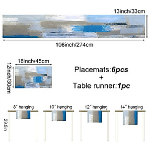 TQFZP Light Blue and Grey Abstract Modern Table Runner with Place Mats Set of 7 Graffiti Art Painting Linen Dining Mat Sets Washable Tabletop for Home Decorations 108 Inches Long
